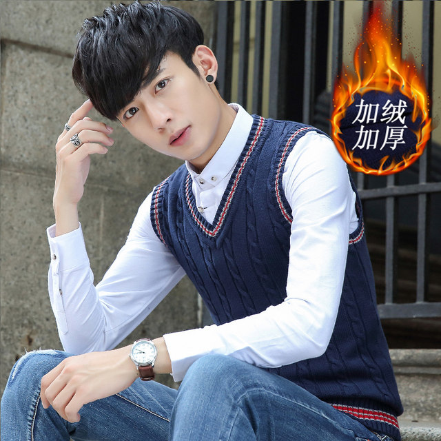 Autumn and winter sweater vest men's V -neck sweater plus velvet thickened warm horse clip vest ...