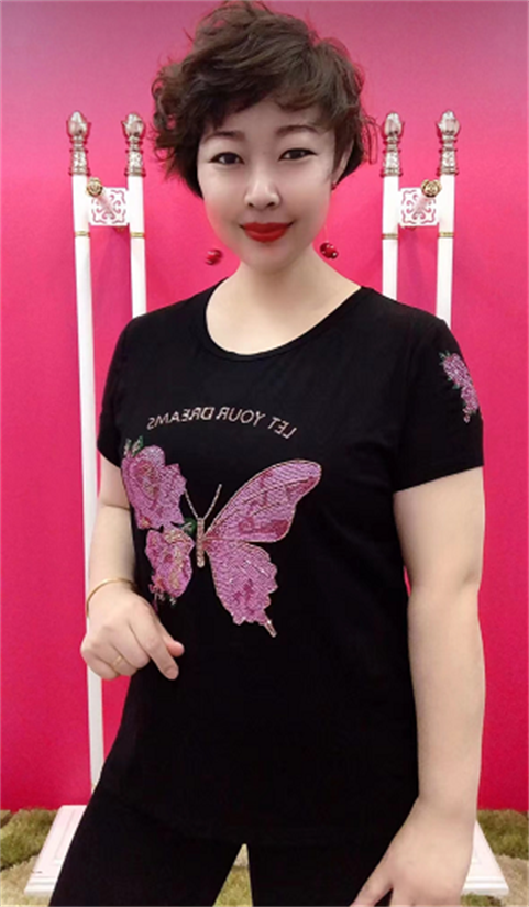 Summer short-sleeved round neck perm diamond T-shirt for middle-aged ...