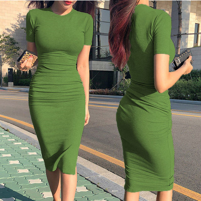 Sexy tight hip dress female slim short sleeve pleated mid-length skirt ...