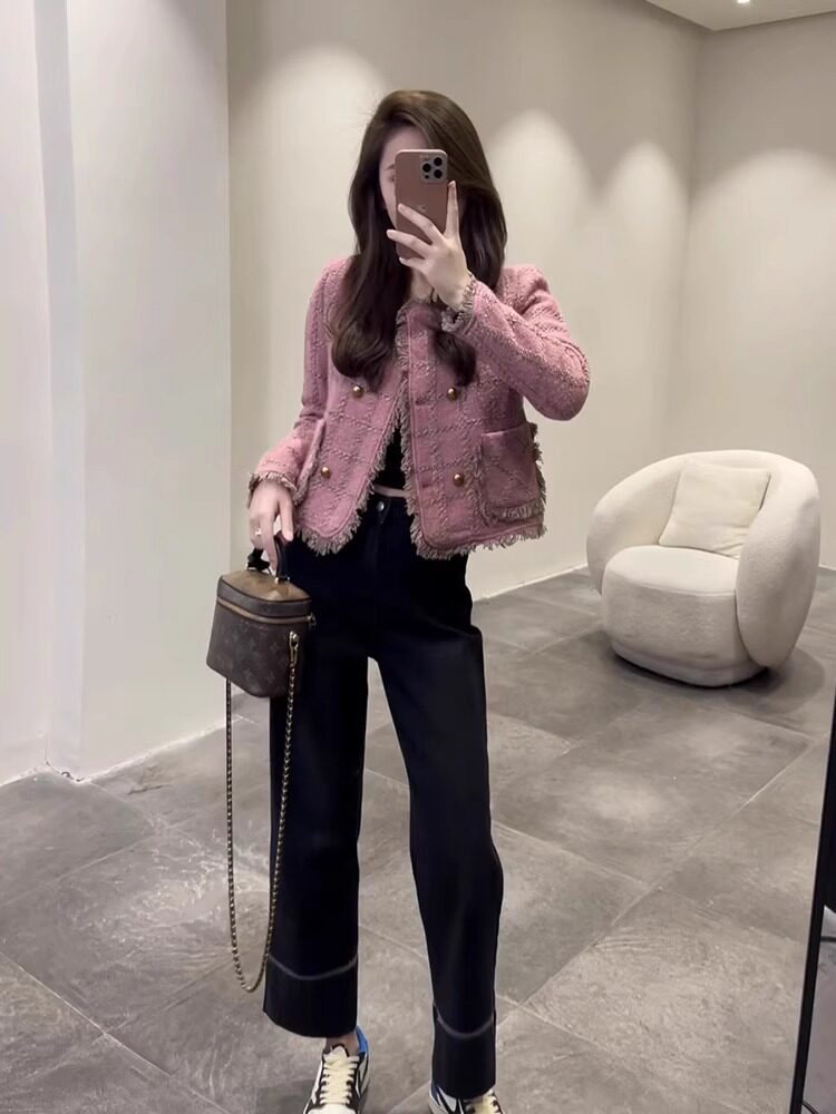 Pink short jacket for women 2024 autumn versatile temperament high-end ...