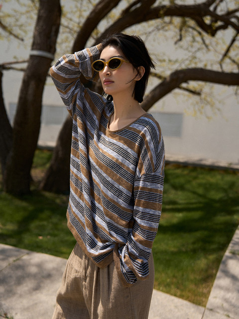 TOFOD Zebra colored woven slack and lazy striped sweater women's loose top