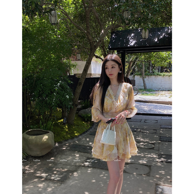 Mini Studio Xu Lin Champagne rose V -neck waist chiffon chiffon floral ...