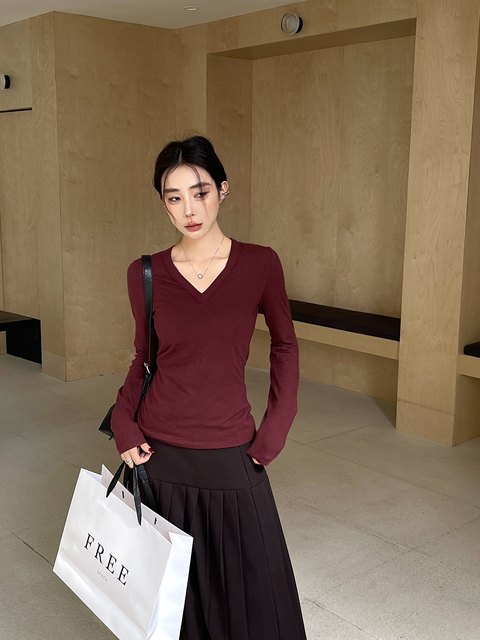 Runxi Rjia 8468-6 genuine cashmere fabric V-neck temperament long-sleeved T-shirt bottoming ...