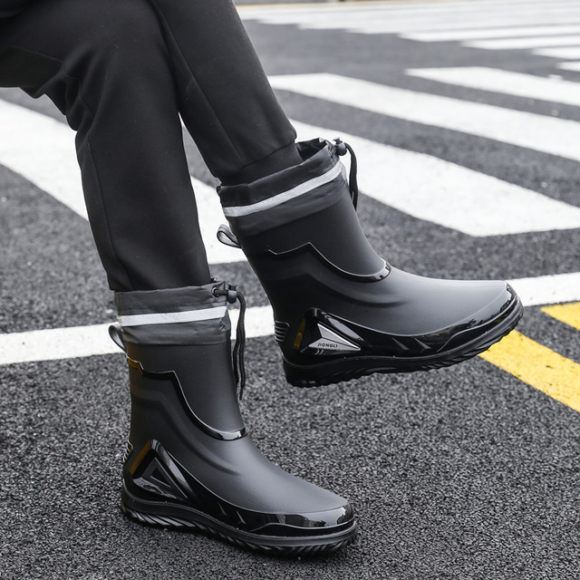 Rain boots men's short mid-length thickened waterproof shoes outdoor ...