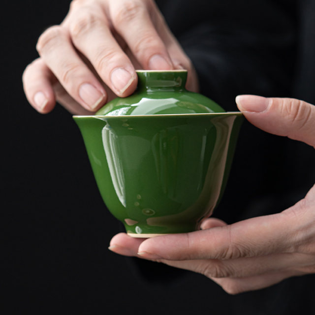 Shijiyiwu dark green covered bowl tea cup single tea bowl tea art ...