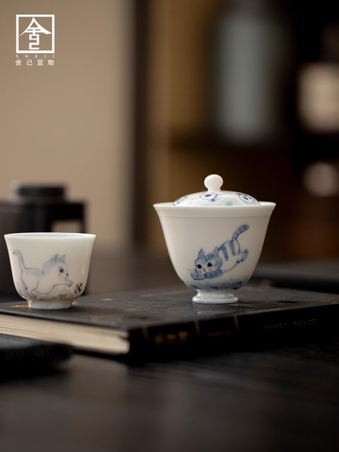 Jade Ni hand-painted cat fun official hat cover bowl tea cup single ...