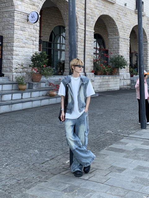 Uncle Med wash blue design retro old denim vest jacket press pleated ...