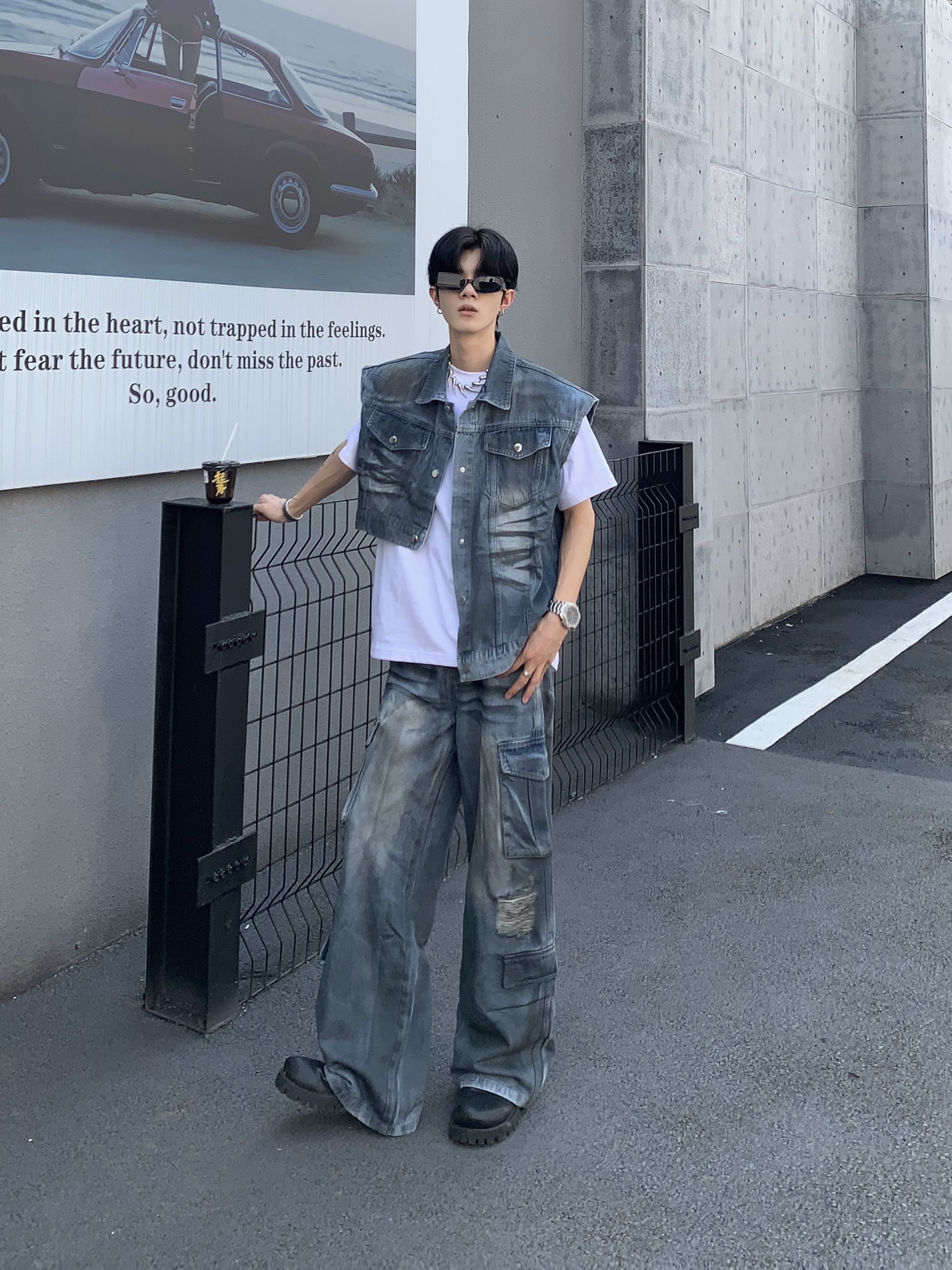 Uncle Med's gradient wash design retro distressed denim vest jacket ...