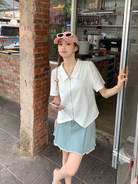 Maxixi Fat mm design zippered shoulder short-sleeved T-shirt summer large-size women's loose ...