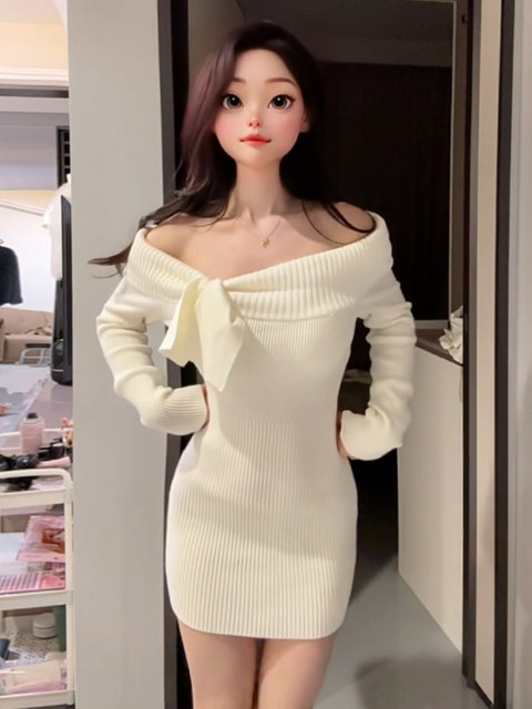 Elegant and Sexy Off-Shoulder Apricot Knit Dress 2025 New Early Autumn ...