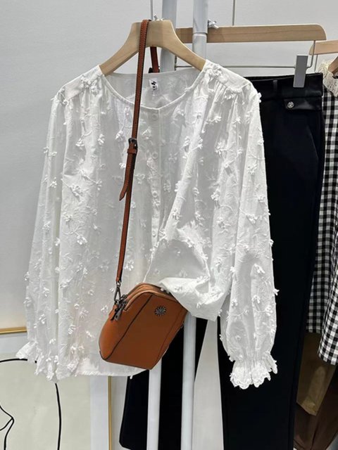 White French round neck lace lace single -breasted three -dimensional flower embroidery loose ...