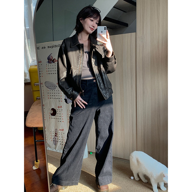 Breezemood retro feeling, old loose leather jacket autumn dark brown ...