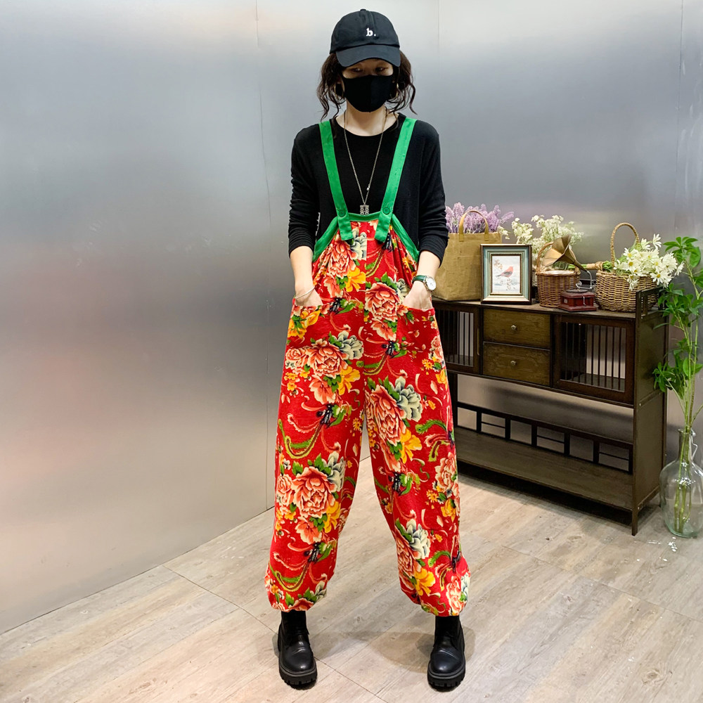 Large size Northeast large flower overalls for women's cotton and linen ...