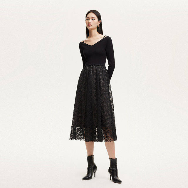 VeroModa dress women's 2024 autumn new V-neck lace splicing knitted long skirt fashionable and ...