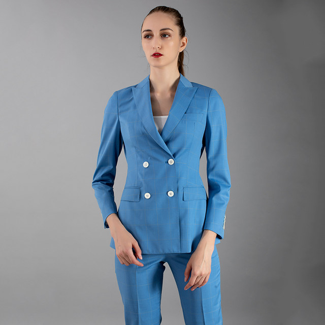 Autumn and winter new spot double -breasted female suits blue long ...