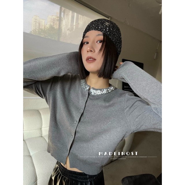 MADEINOST winter sweater cardigan celebrity style chic neckline sequin ...