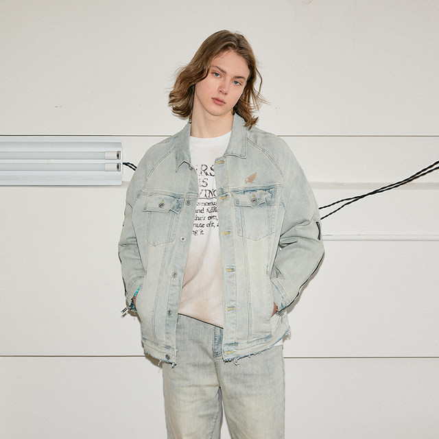 KREATE denim washed distressed yellow mud-dyed ruined denim jacket