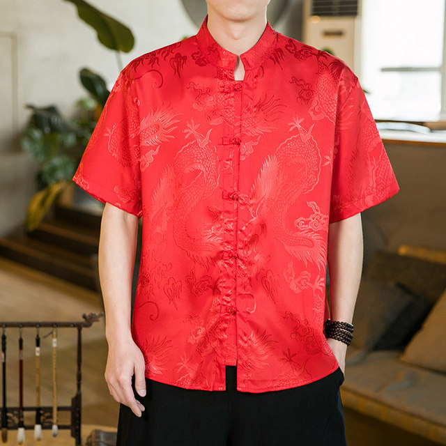 Chinese wind men's dragon pattern printing Tang dress red shirt men's ...