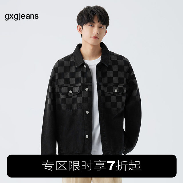 gxgjeans Men's Clothing 2024 Autumn New Black Lapel Checkerboard Denim Jacket Jacket Men's ...