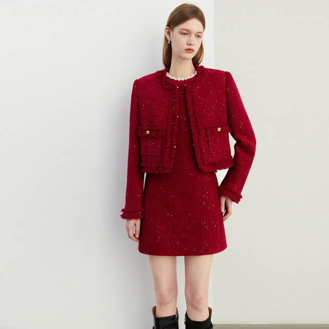 DPLAY2024 Autumn Fragrance Red Tweed Dress Suit Back Door Sleeveless ...