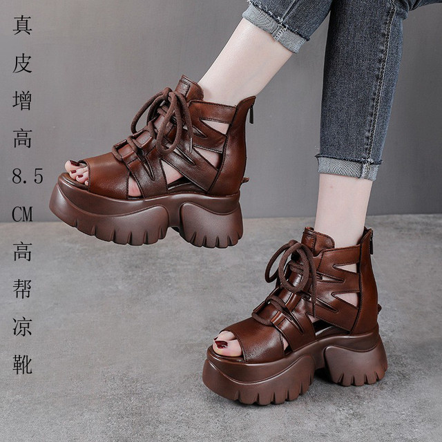 Roman genuine leather inner heightening 9CM fish mouth sandals for ...