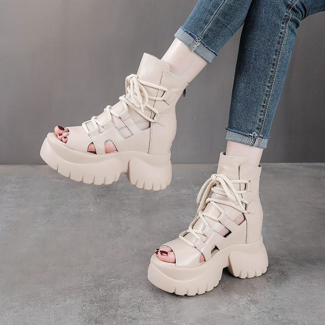 Roman genuine leather inner heightening 9CM fish mouth sandals for ...