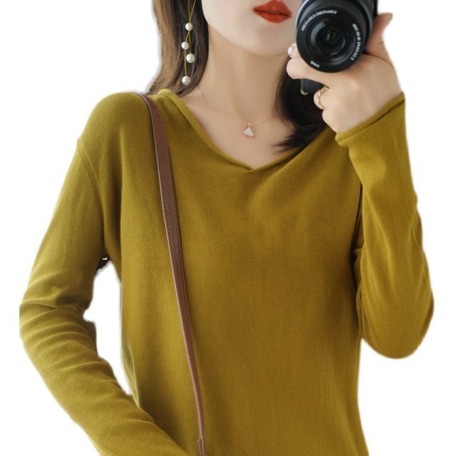 100% pure cotton autumn new V-neck sweater women's curled hooded half ...