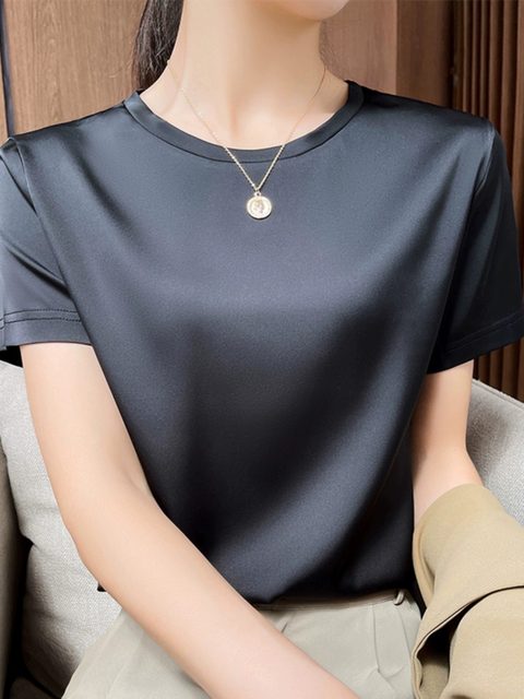 Silk short-sleeved T-shirt for women's new summer satin acetate ...