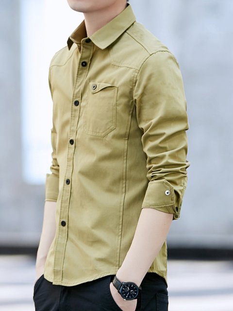 Men's shirt long -sleeved Korean casual lining shirt trend pure cotton ...