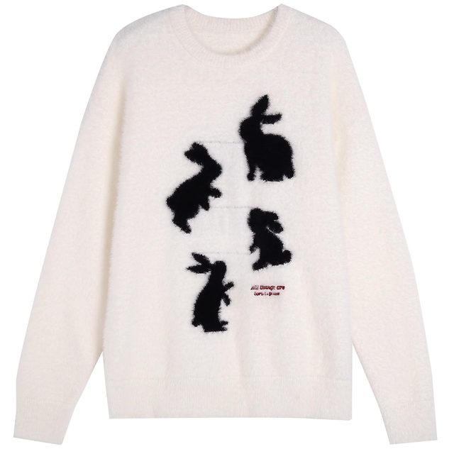 CODICELAB Rabbit Retro Silhouette Mink Fur Round Neck Sweater Versatile ...