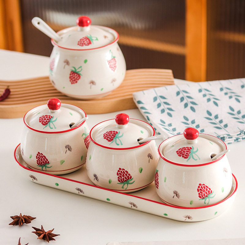 Strawberry Ceramic Seasoning Jar with Lid & Spoon