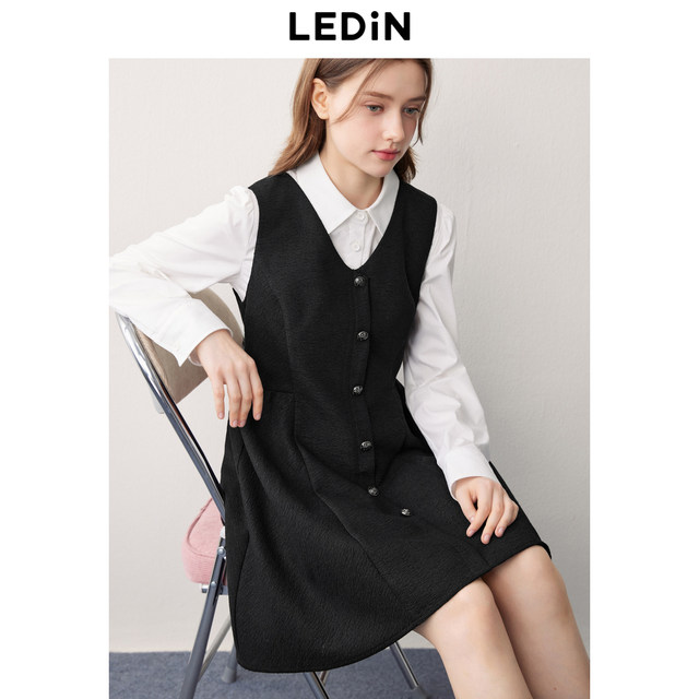 Ledu Town waist V -neck vest skirt 2024 New Qianqin Wind Black Dress OL ...