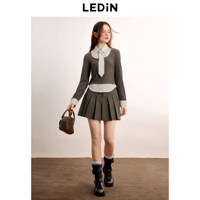 Leachi fake two pieces of stitching top women 2024 autumn new texture ...