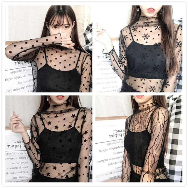 Transparent black gauze seeing gauze clothes Women's tulle thin sautéed ...