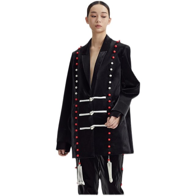 Long-sleeved suit collar popular autumn contrasting beaded silver ...