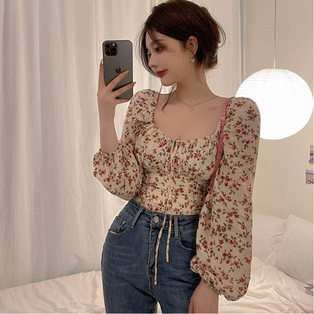 French Floral Square Collar Top Shirt Women's Design Niche Puff Sleeve ...