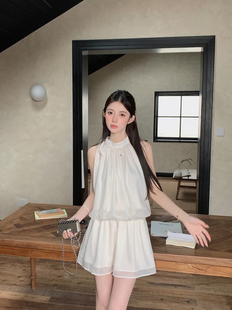 Betmass New White Korean Style Halter Neck Sleeveless Dress, Elegant ...