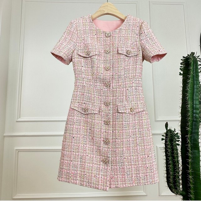 Niwei 2024 new small incense breeze ladies light luxury pearl single buckle woven pink coarse ...