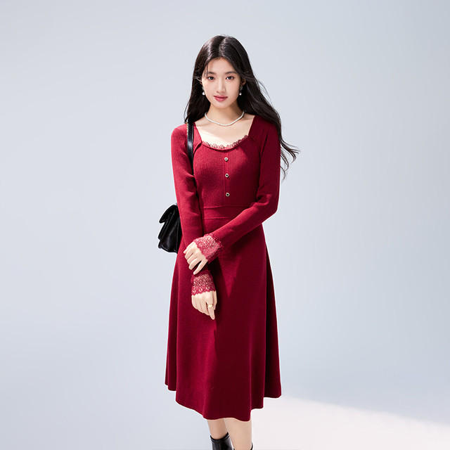 Qiushui Yiren French Elegant Square Neck Knitted Dress 2024 Winter New ...