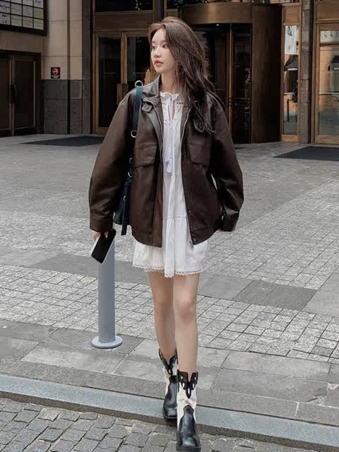 Brown small man with a street-fried American pu leather jacket for ...