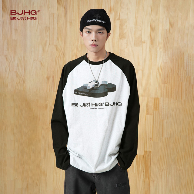 BJHG regardless of autumn contrast color raglan pure cotton round neck ...