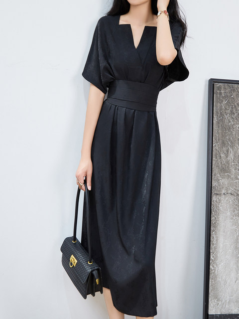 Hepburn style wine red V-neck acetate long dress for women's summer ...