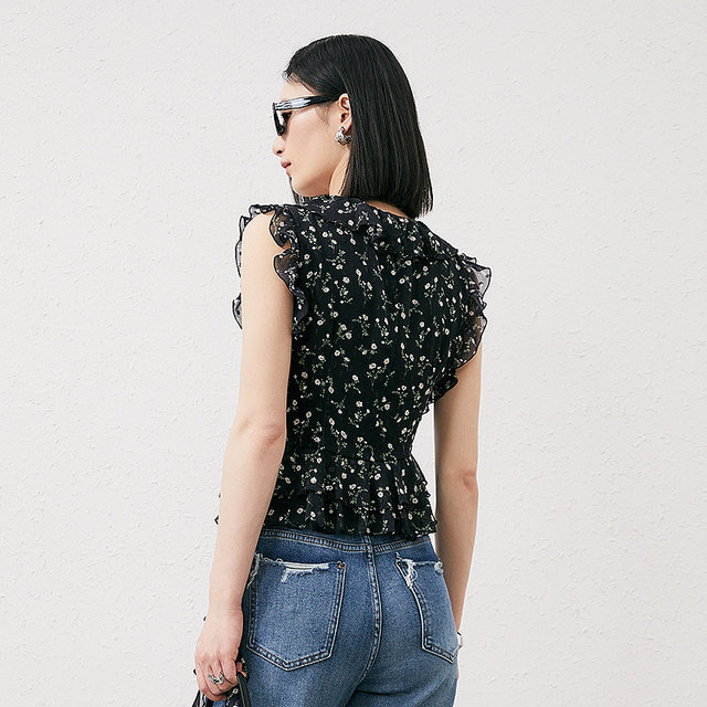 Pupu asymmetric ruffled flower crushing female 2024 summer new V -neck ...