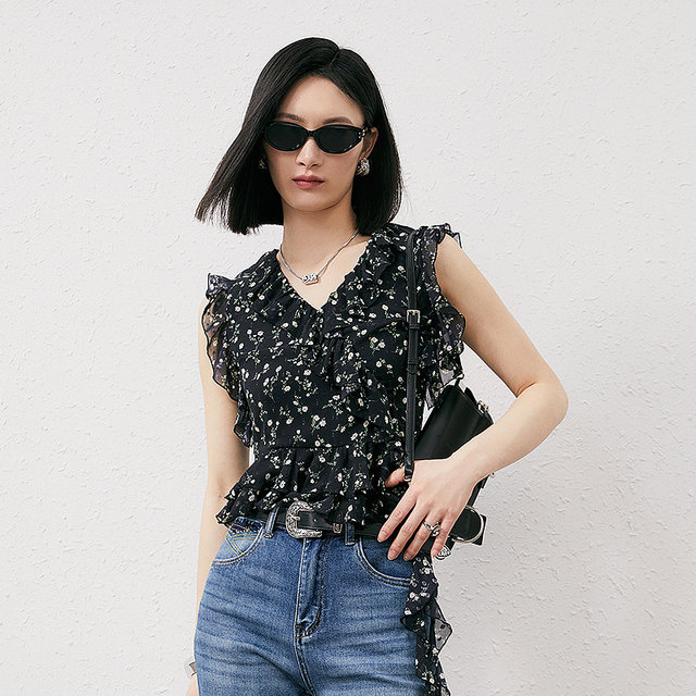 Pupu asymmetric ruffled flower crushing female 2024 summer new V -neck ...