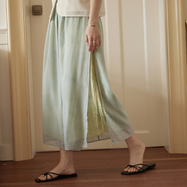 MIXABO New Chinese Style Bamboo Leaf Printed Wide Leg Pants Women's ...