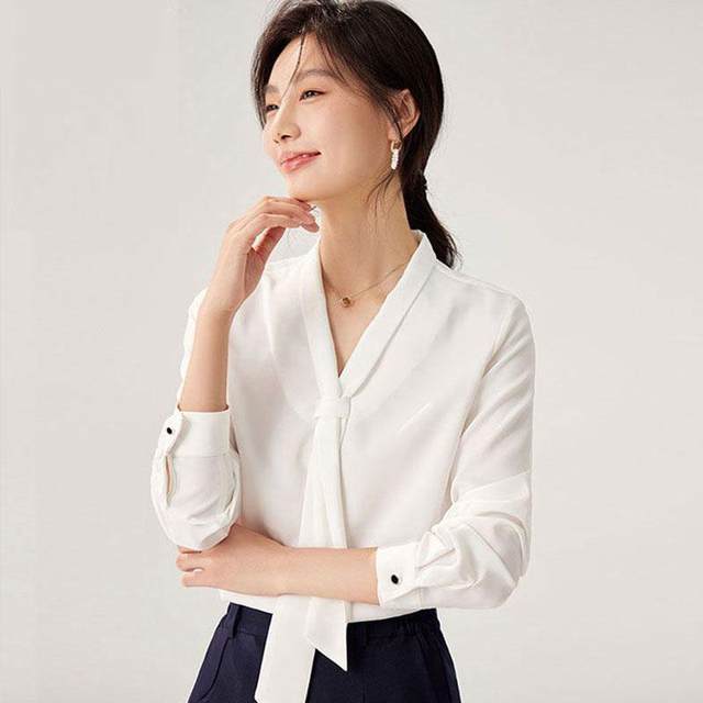 V-neck streamer chiffon long-sleeved white shirt for women in autumn ...