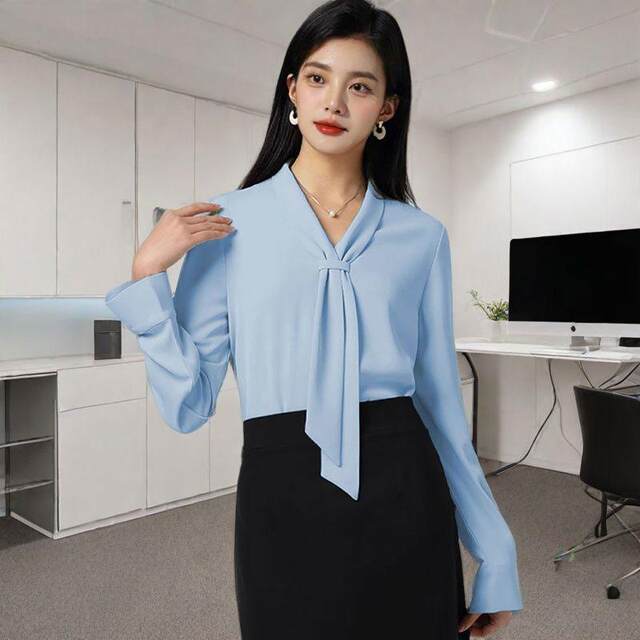 V-neck streamer chiffon long-sleeved white shirt for women in autumn ...