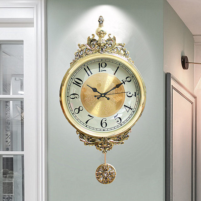 European retro wall clock creative living room carved swing clock American electroplating clock ...