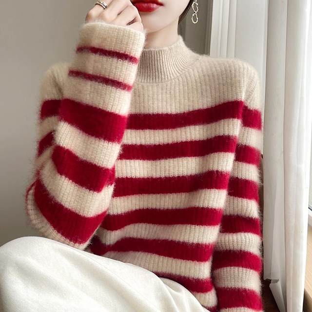 100%cashmere sweater female semi -high neckline stripes and colorful ...