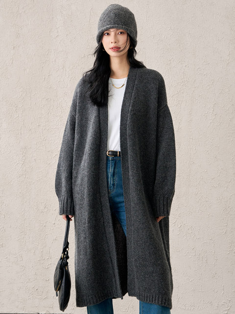 Loose and lazy mid-length 100% pure wool cardigan for women V-neck ...